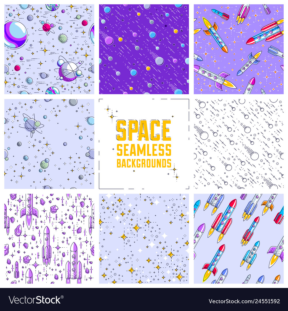 Set of seamless space backgrounds with rockets Vector Image