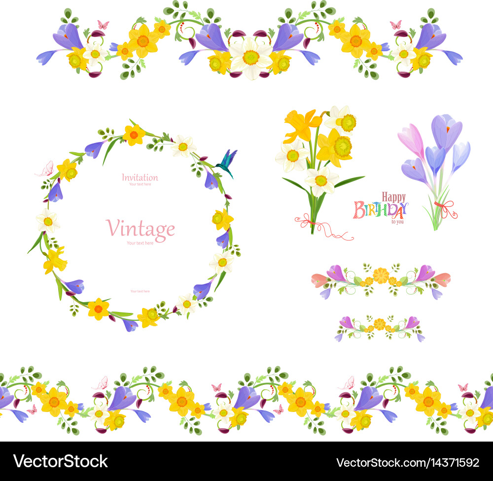 Spring floral collection seamless border and cute Vector Image