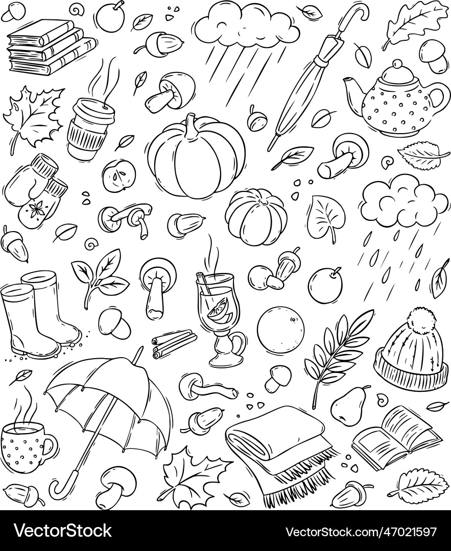 Autumn coloring doodles hand drawn set Royalty Free Vector