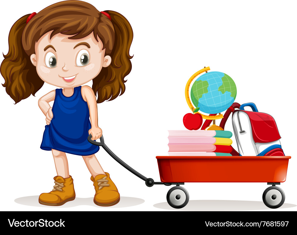 Little girl pulling wagon full of school objects Vector Image