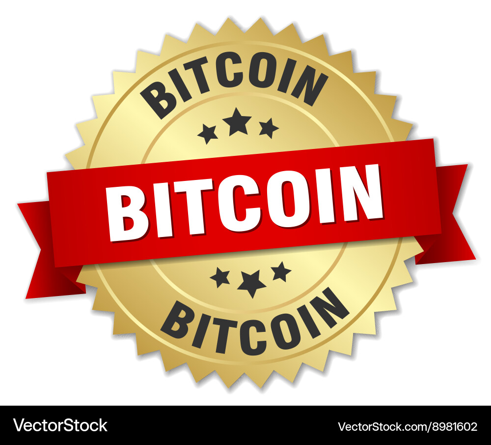 Bitcoin 3d gold badge with red ribbon Royalty Free Vector