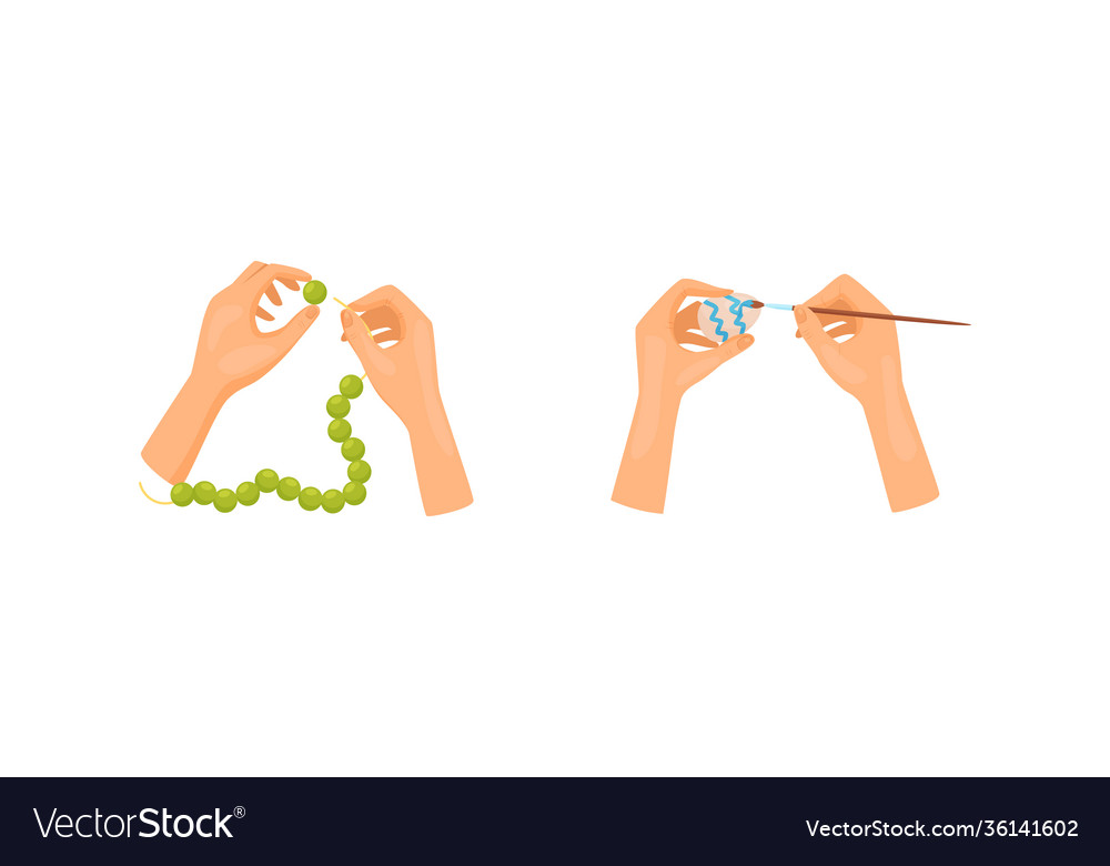 Hands stringing beads on thread and decorating Vector Image