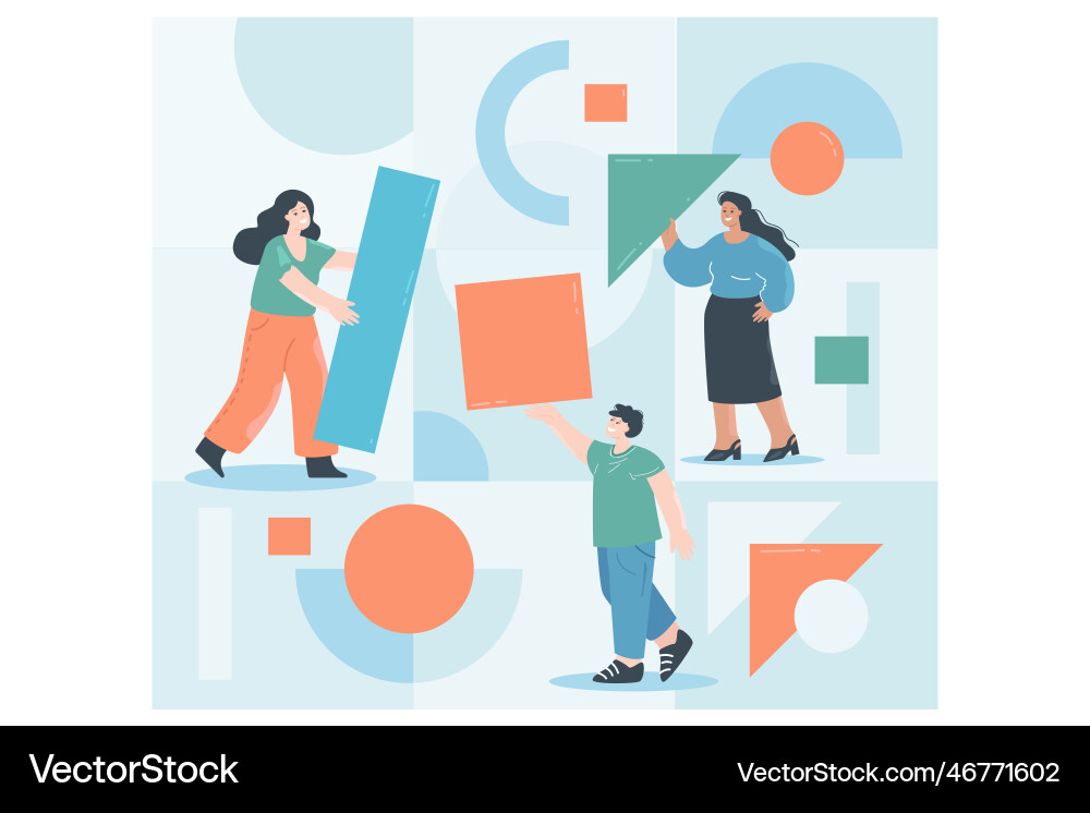 Team of tiny people organizing abstract geometric Vector Image