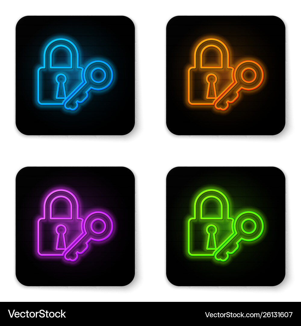 Glowing neon lock and key icon isolated on white Vector Image