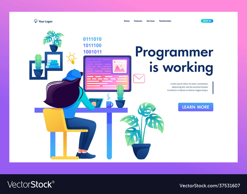 Workplace a programmer girl at laptop Royalty Free Vector