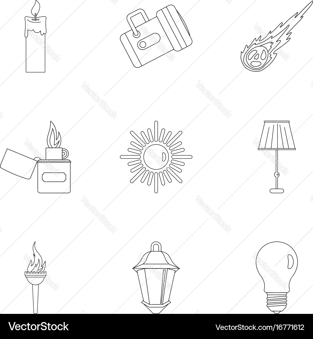 Light symbols icon set outline style Royalty Free Vector