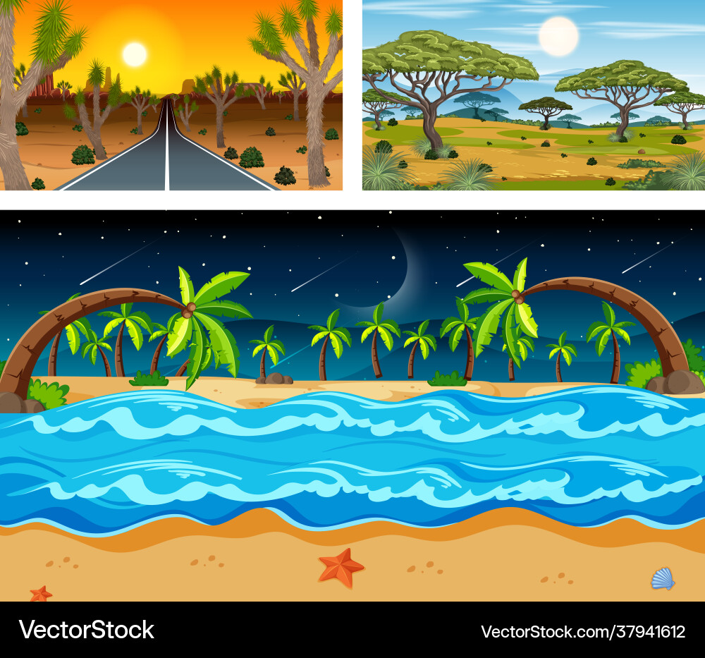 Three different nature landscape scenes Royalty Free Vector