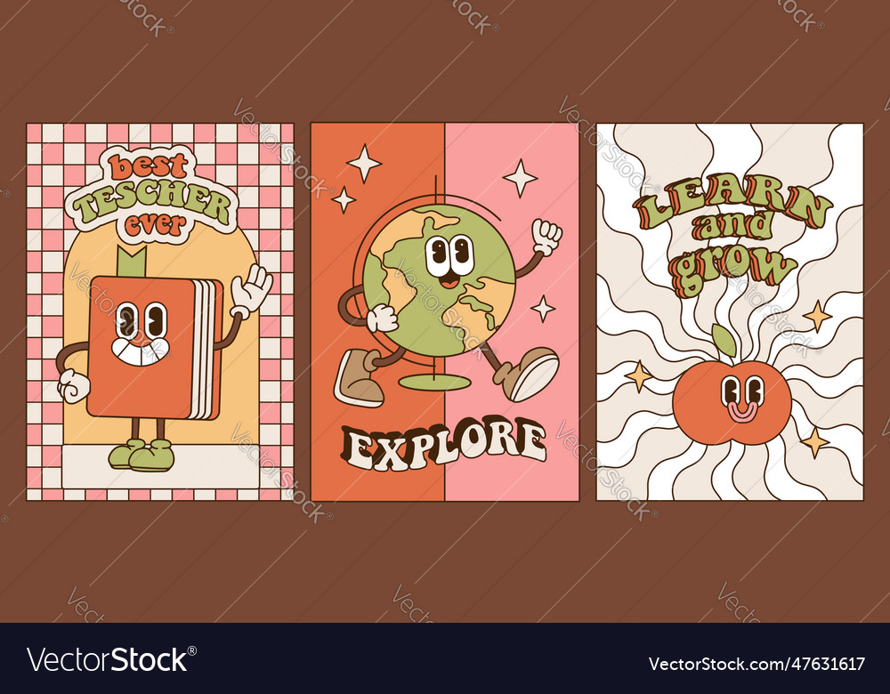 Back to school groovy a4 postcards set in retro Vector Image