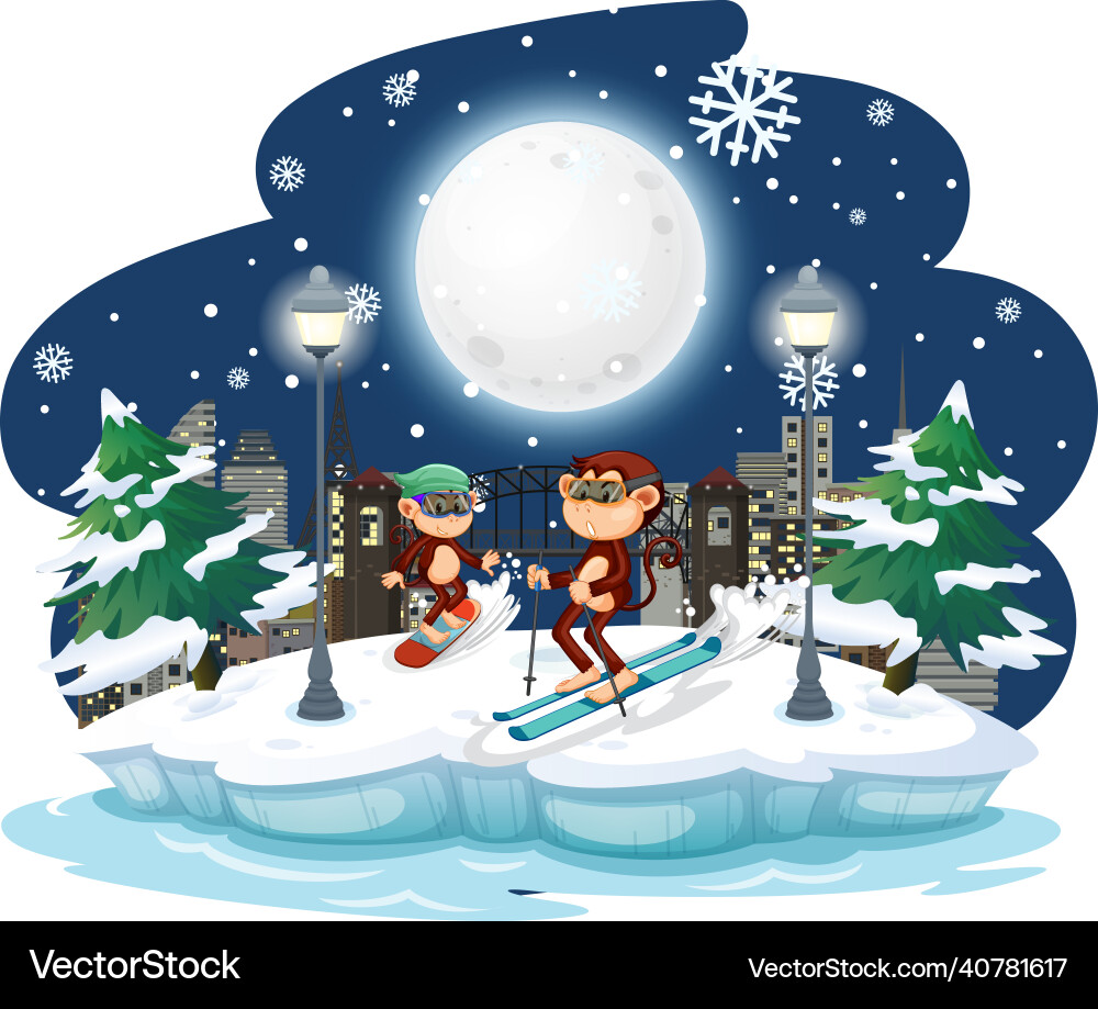 Monkey skiing in the snow at night scene Vector Image