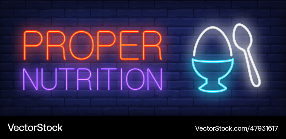 Proper nutrition neon sign egg in cup and spoon Vector Image