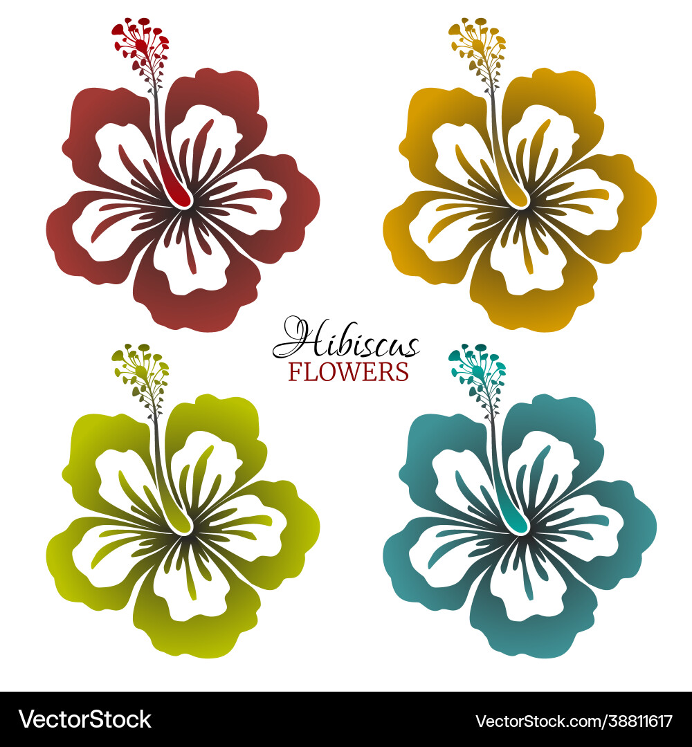 Set colored hibiscus flowers flat icons Royalty Free Vector