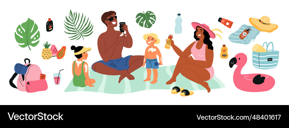 Sun protection elements happy family sunbathing Vector Image