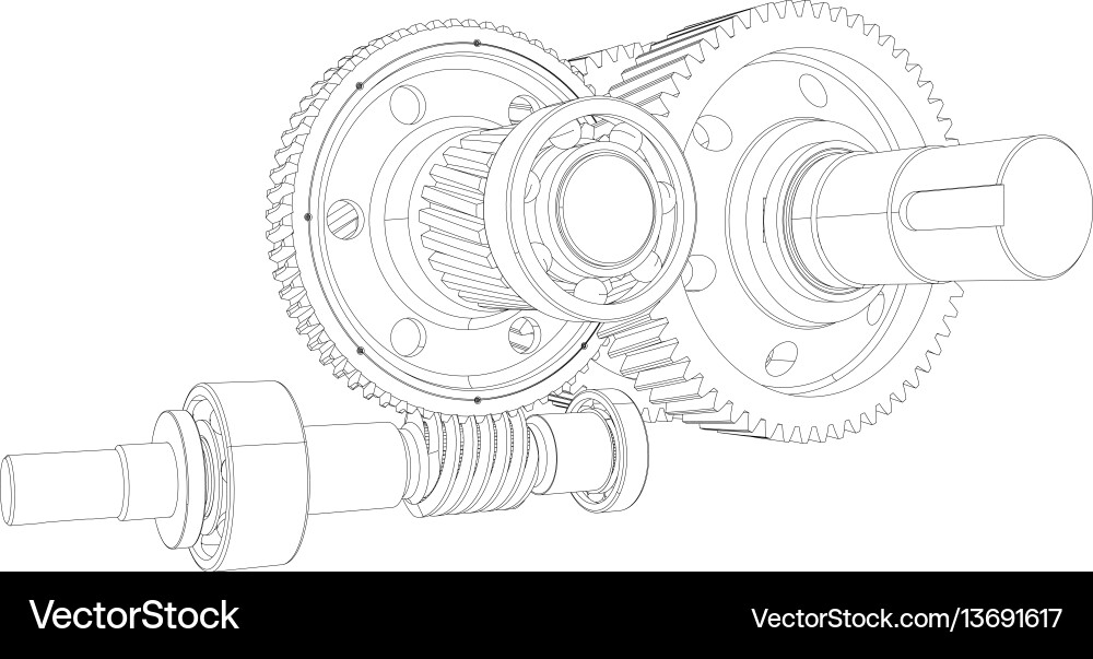 Wire-frame gears with shafts close-up Royalty Free Vector