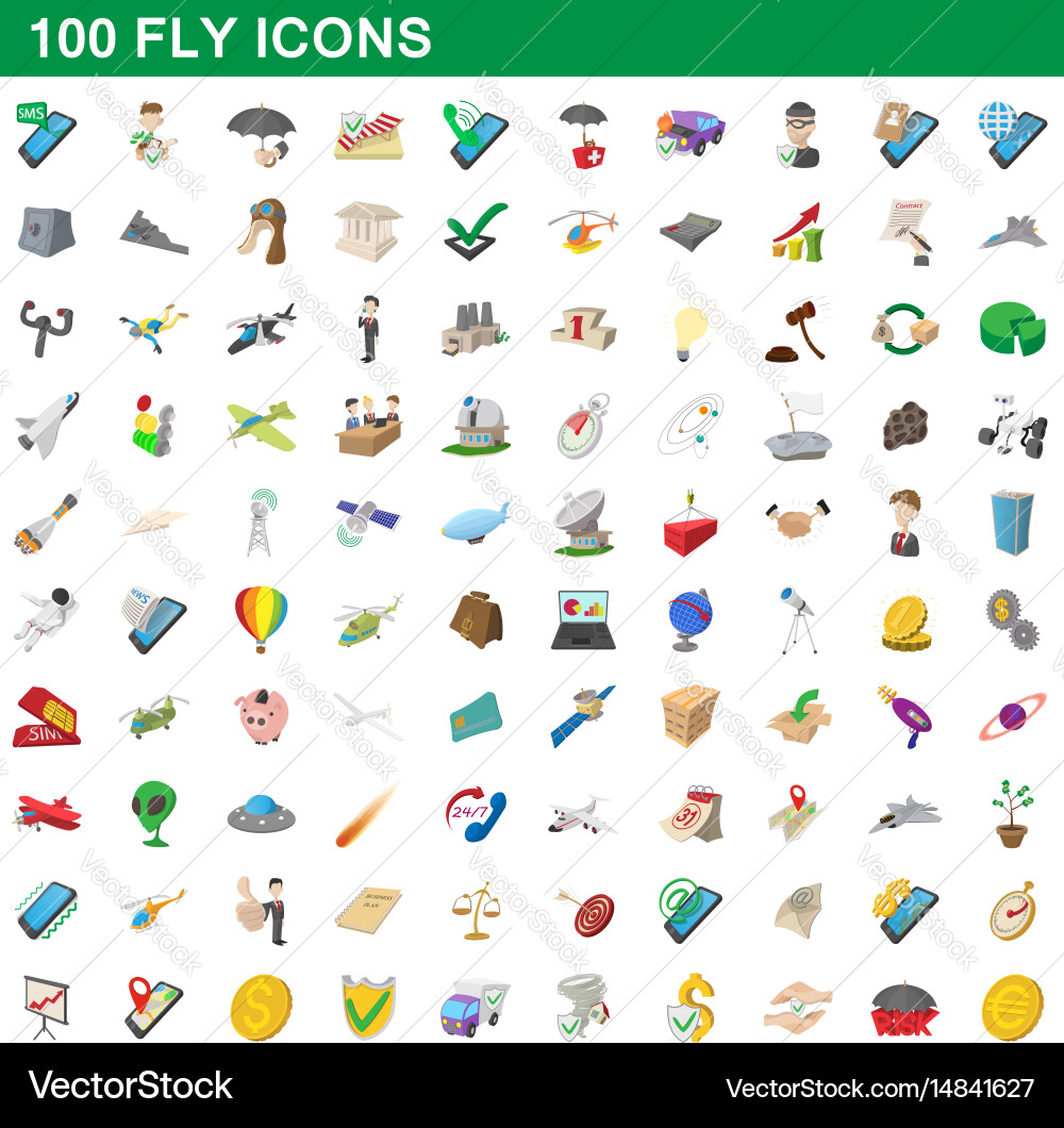 100 fly icons set cartoon style Royalty Free Vector Image