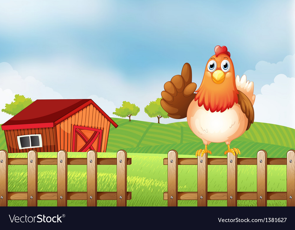 A chicken above wooden fence at the farm Vector Image