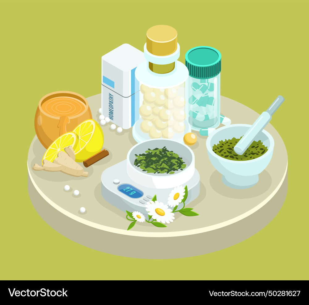 Isometric alternative treatment medications Vector Image