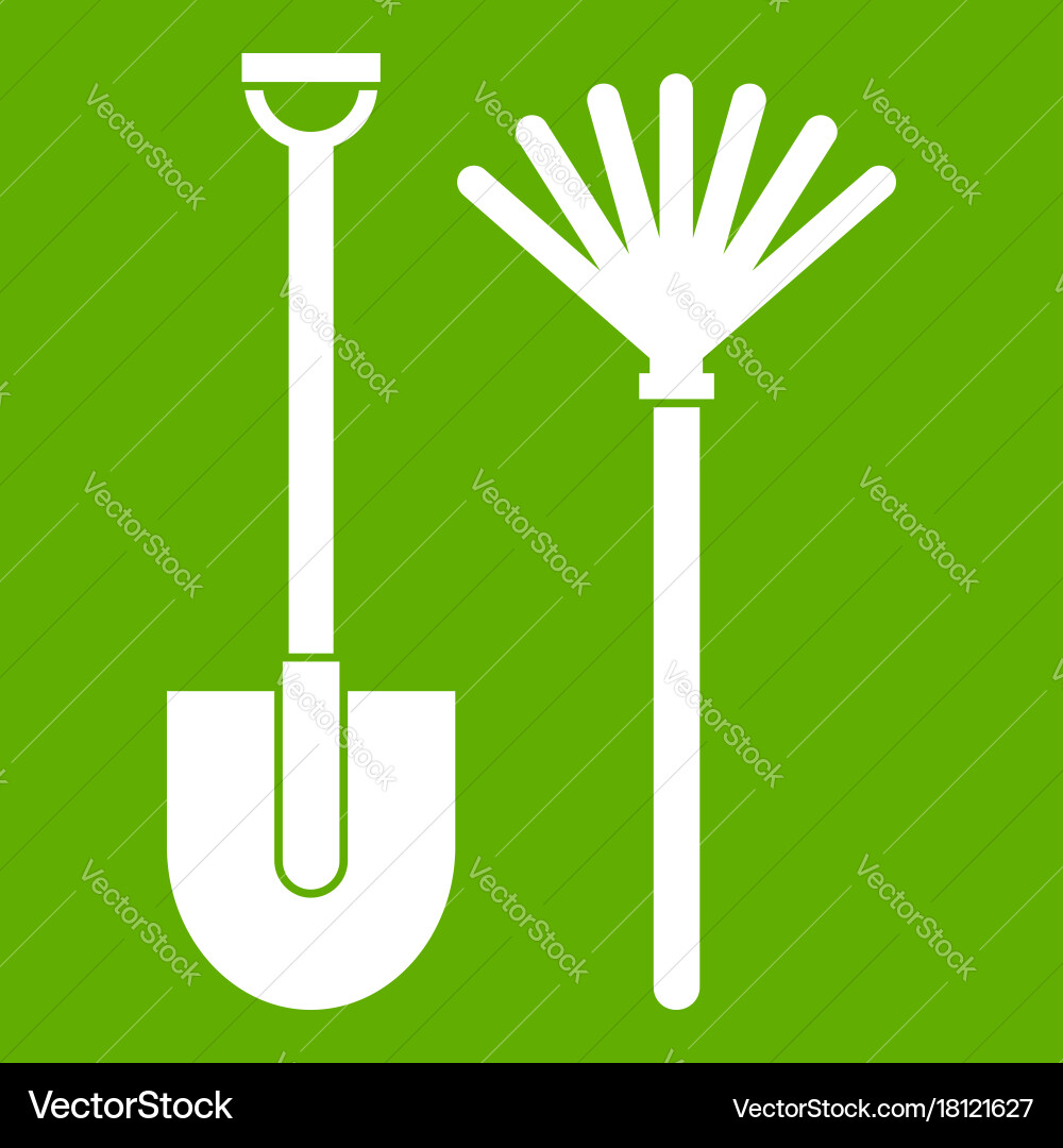 Rake and shovel icon green Royalty Free Vector Image