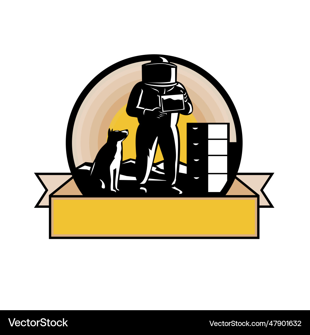 Beekeeper with dog and beehive set in circle Vector Image