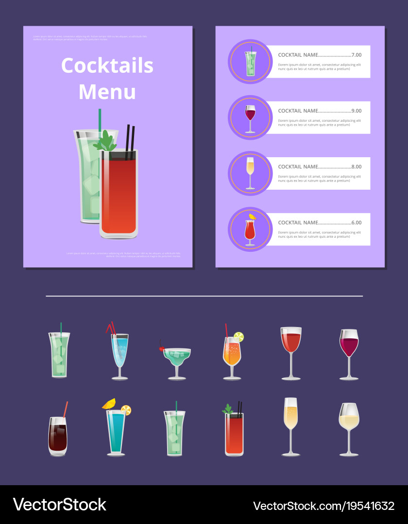 Cocktails menu bar layout with alcoholic beverages