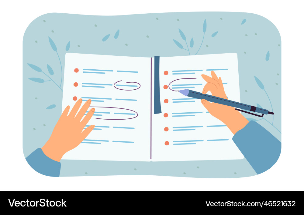 Hands of student doing test or writing in planner Vector Image