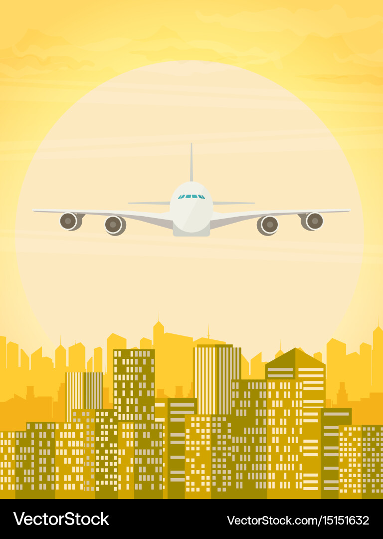 Plane flying over urban city Royalty Free Vector Image