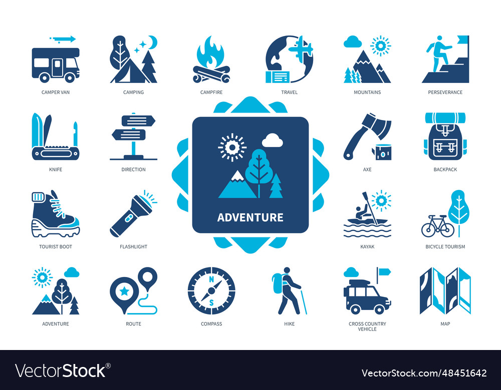 Adventure solid icon set Royalty Free Vector Image