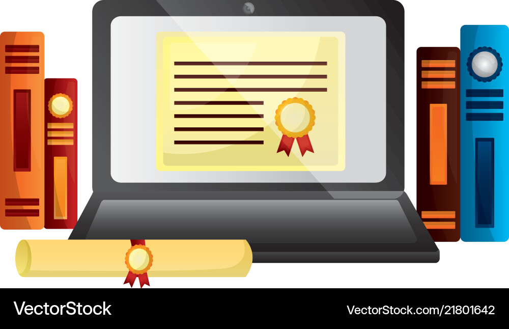 Elearning laptop with diploma and books Royalty Free Vector