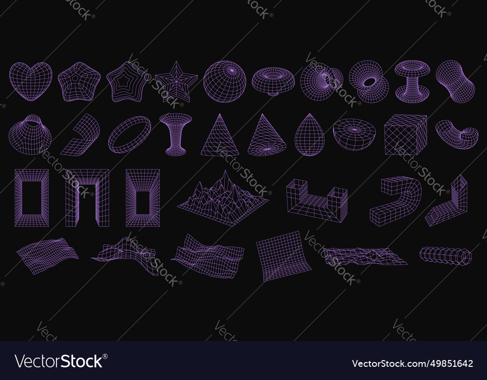 Set of wireframe 3d geometric shapes abstract Vector Image