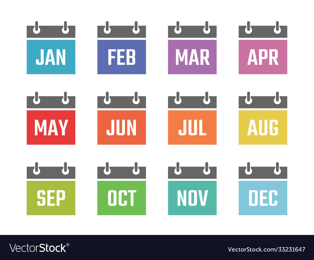 Calendar 12 month icon set color signs for all Vector Image Calendar 12 month icon set color signs for all Vector Image