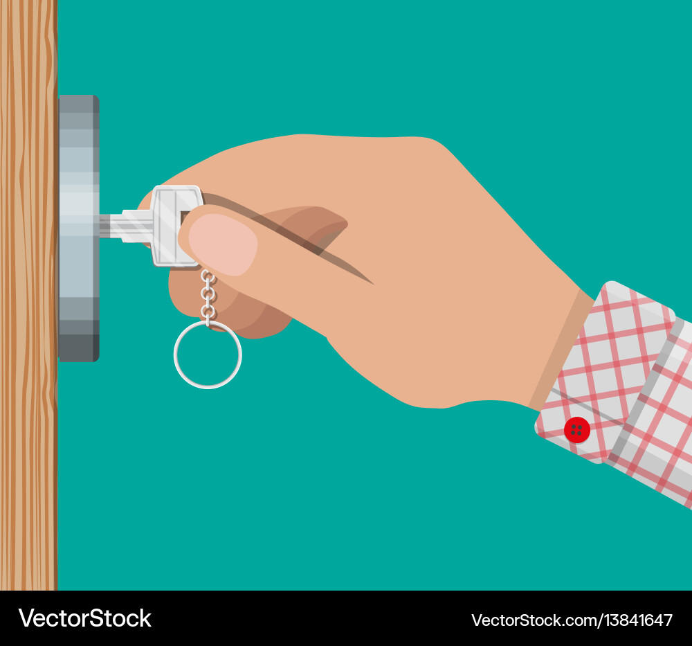 Key in hand opens wooden door Royalty Free Vector Image