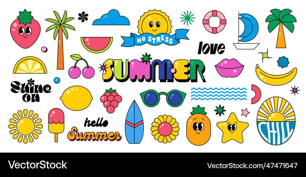 Summer cartoon elements in vibrant bright colors Vector Image