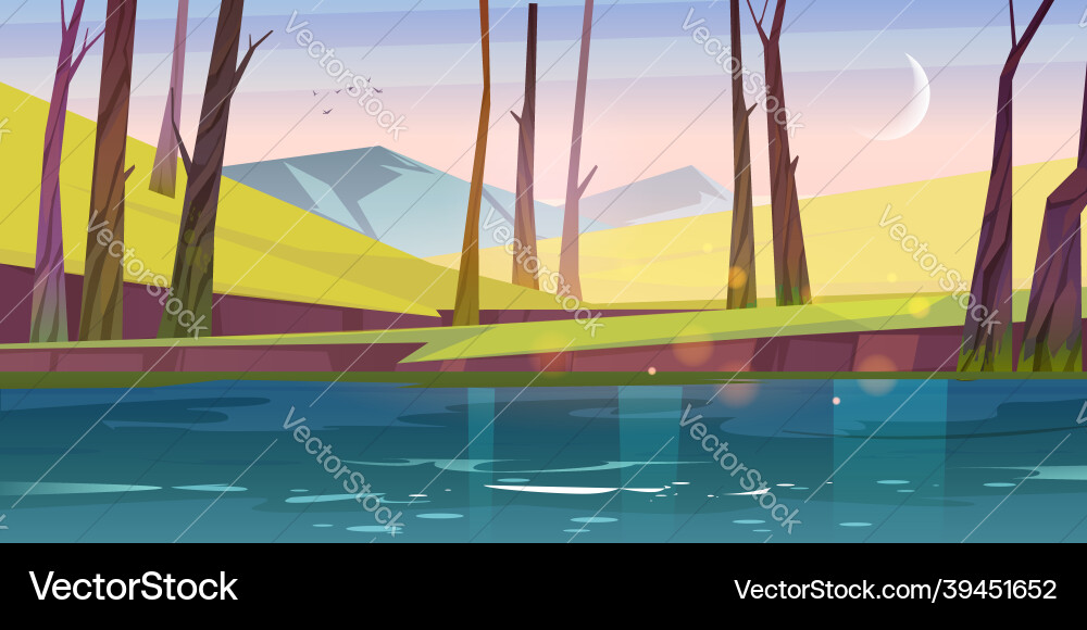 Calm landscape with river trees and mountains Vector Image