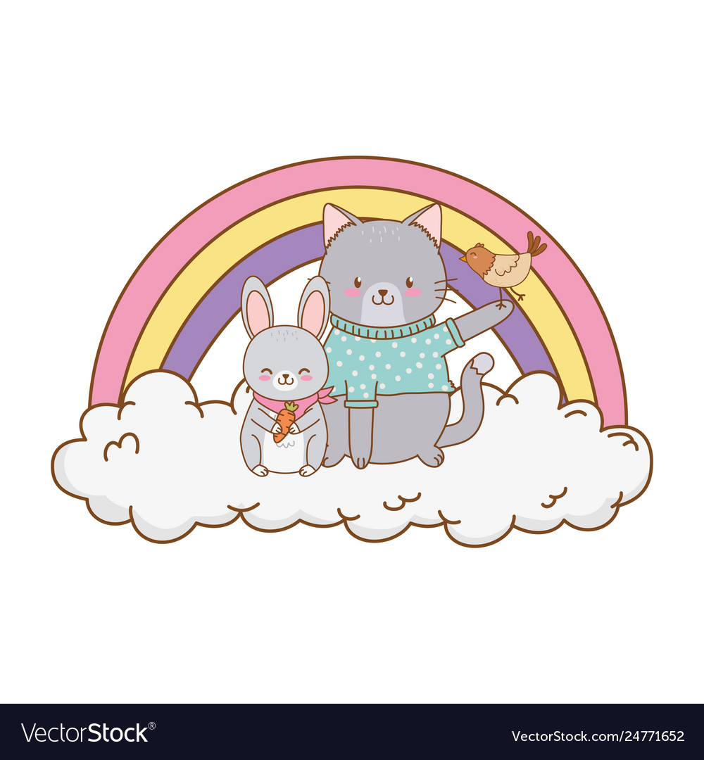 Cute cat in cloud with rainbow woodland character Vector Image