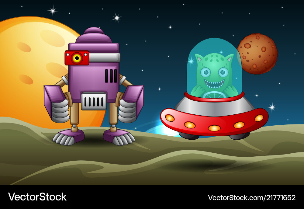 Two robot cartoon landed in moon together Vector Image