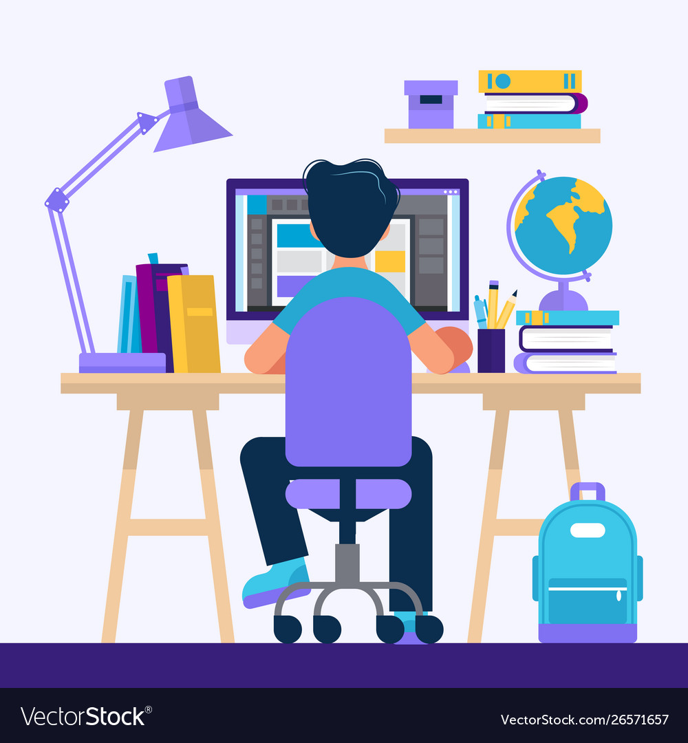Boy sitting at desk learning with computer Vector Image
