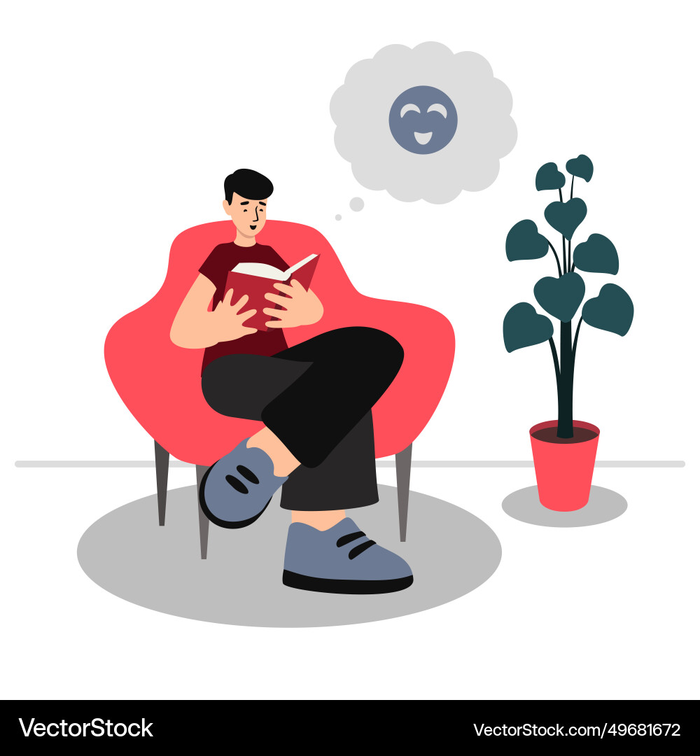 Guy reading book laughing sitting on couch Vector Image