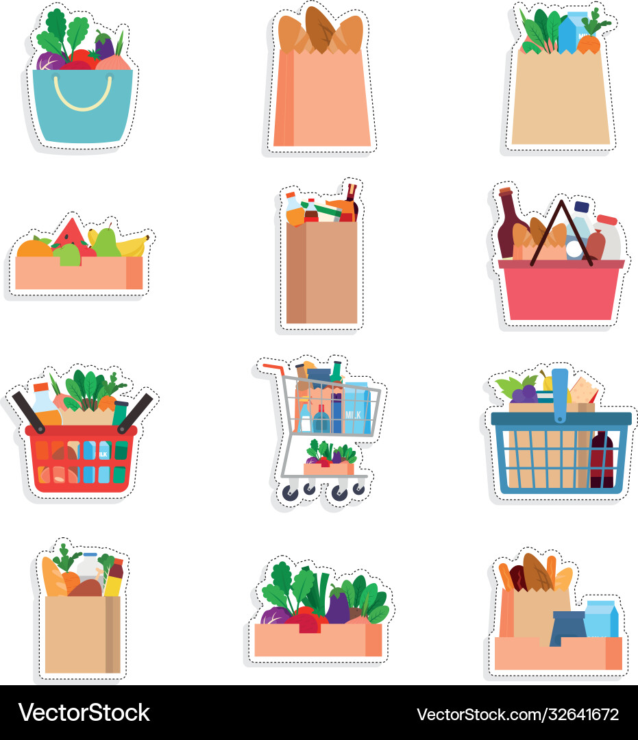 Set grocery bags stickers Royalty Free Vector Image