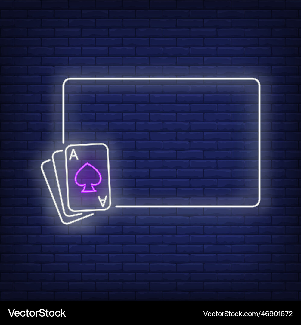 White glowing frame neon sign ace cards Royalty Free Vector