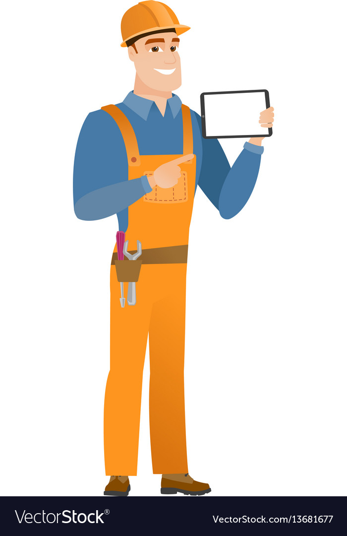 Smiling builder holding tablet computer Royalty Free Vector
