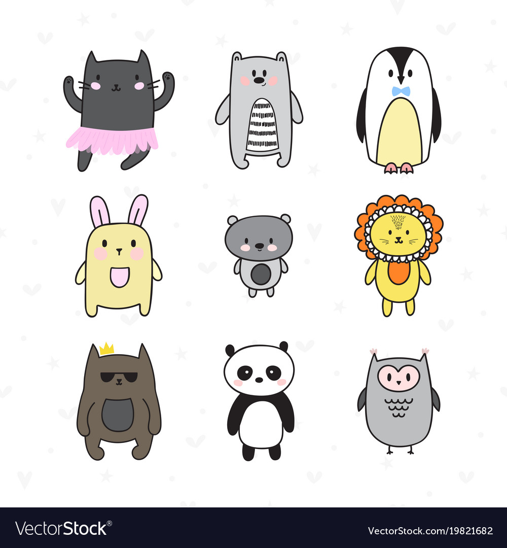 Doodle collection with smiling characters set Vector Image