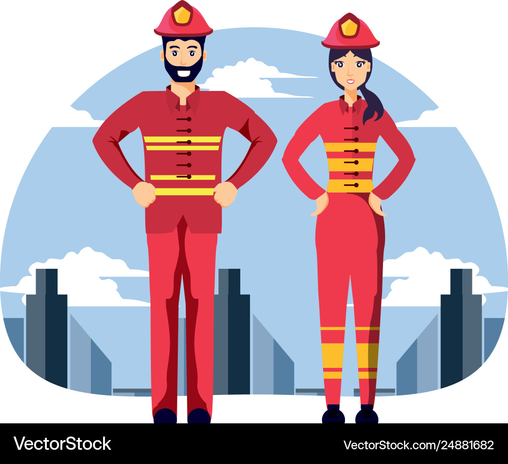 Firefighters professionals couple with cityscape Vector Image