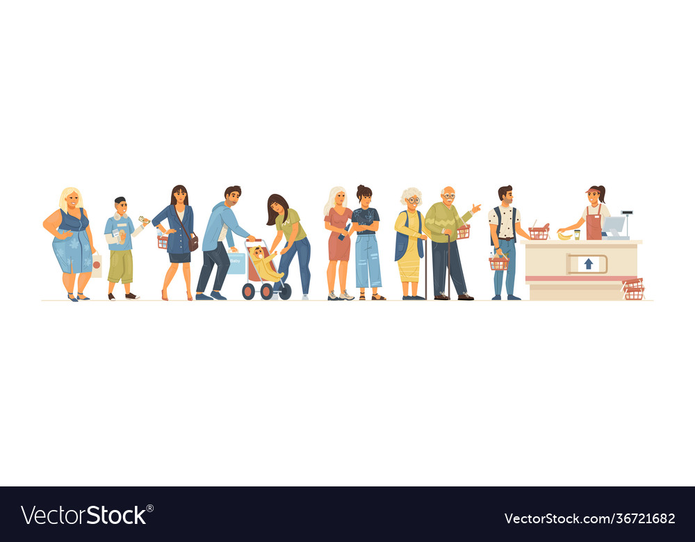 Group people waiting in queue supermarket food Vector Image