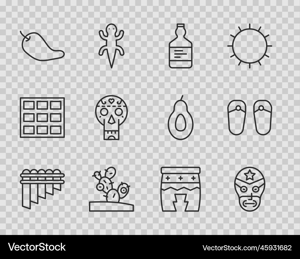 Set line pan flute mexican wrestler tequila Vector Image