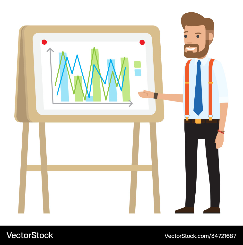 Businessman makes presentation near flip chart Vector Image
