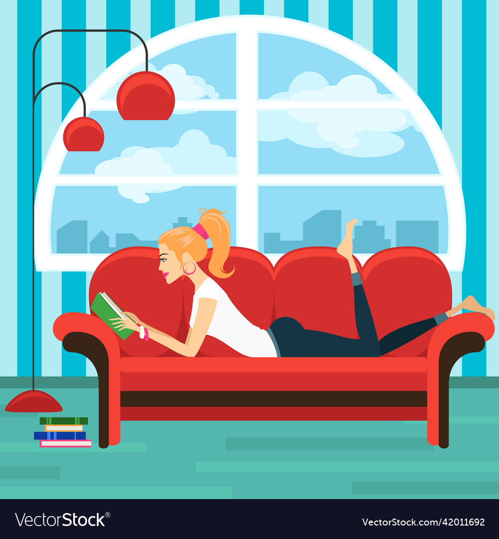 Beautiful Young Woman Reading Book On Sofa Vector Image