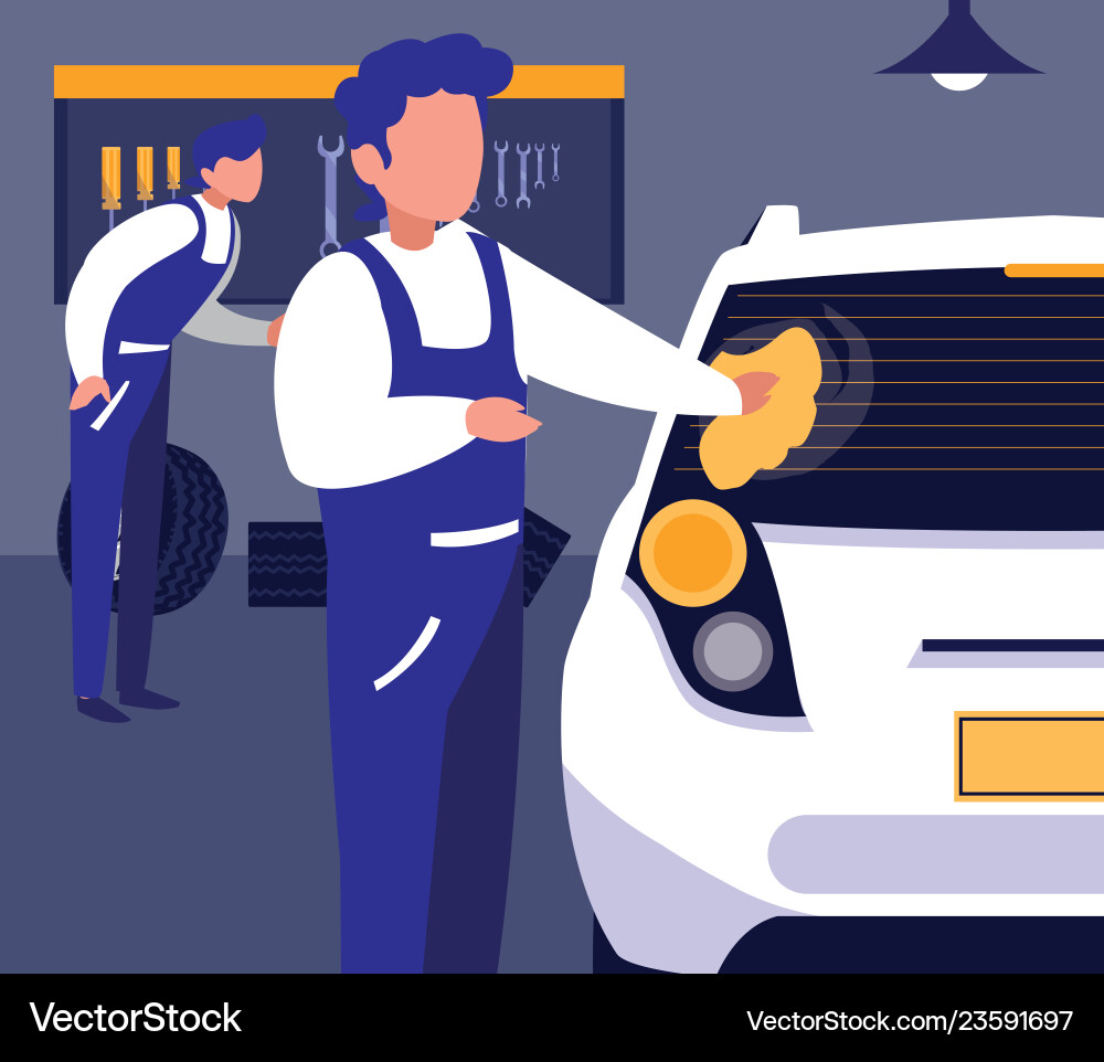 Car in maintenance workshop with mechanics team Vector Image