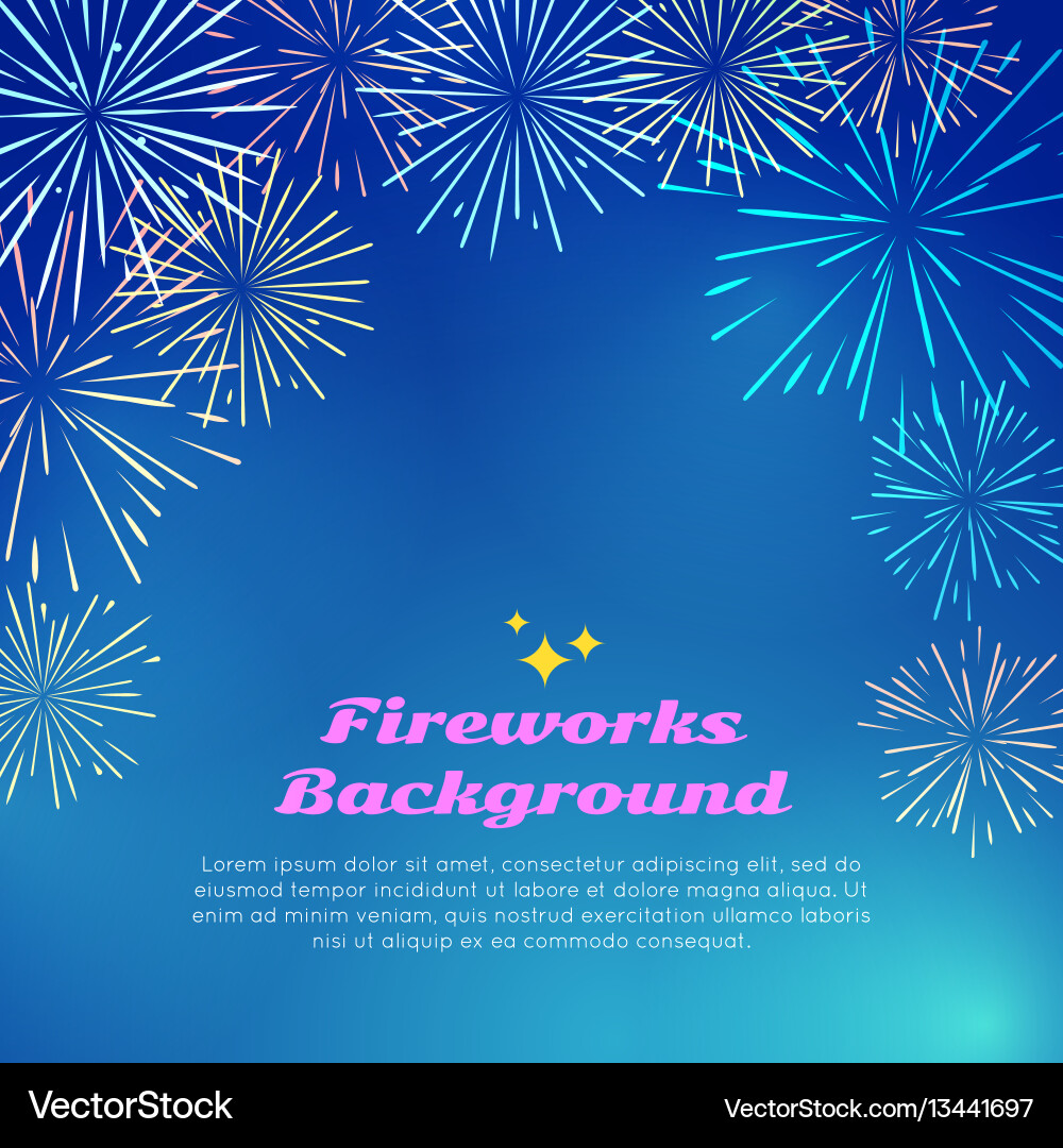 Fireworks background colorful top frame on blue Vector Image