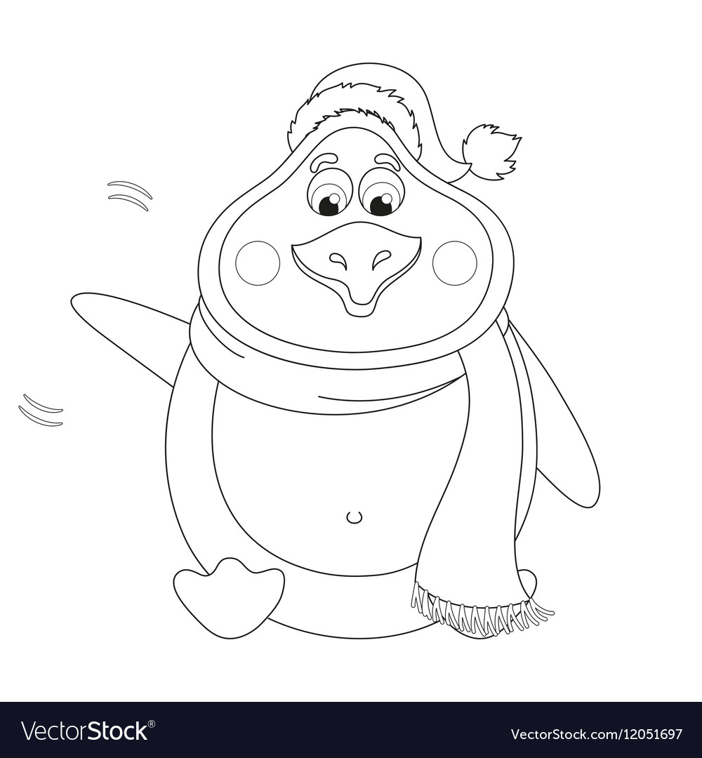 New years cheerful cute penguin in winter hat sits