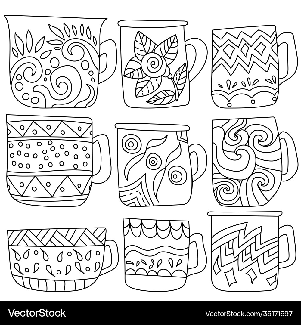 Set contour cups with zen antistress patterns Vector Image