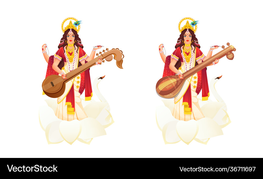 Two images goddess saraswati character Royalty Free Vector
